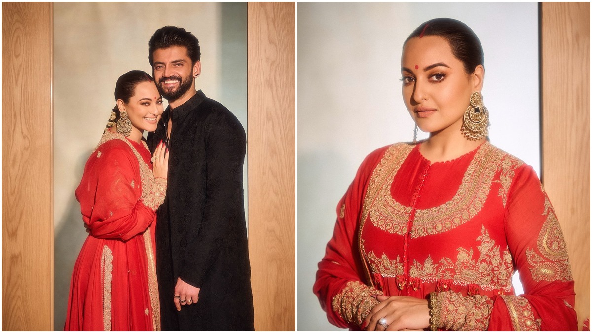 मांग में सिंदूर और माथे पर लाल बिंदी लगाए दिखीं सोनाक्षी सिन्हा,पति ...